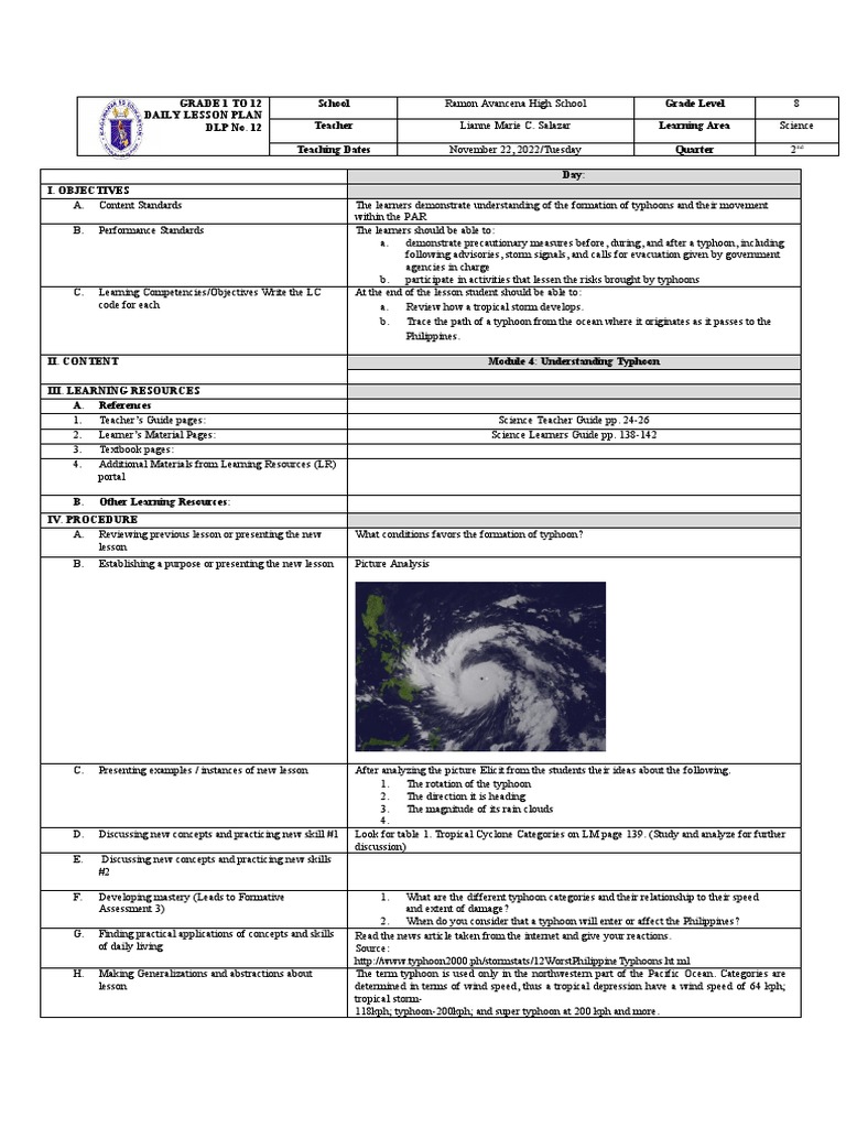 DLP Science 8 Wk3D2 2nd QTR | PDF | Tropical Cyclones | Learning