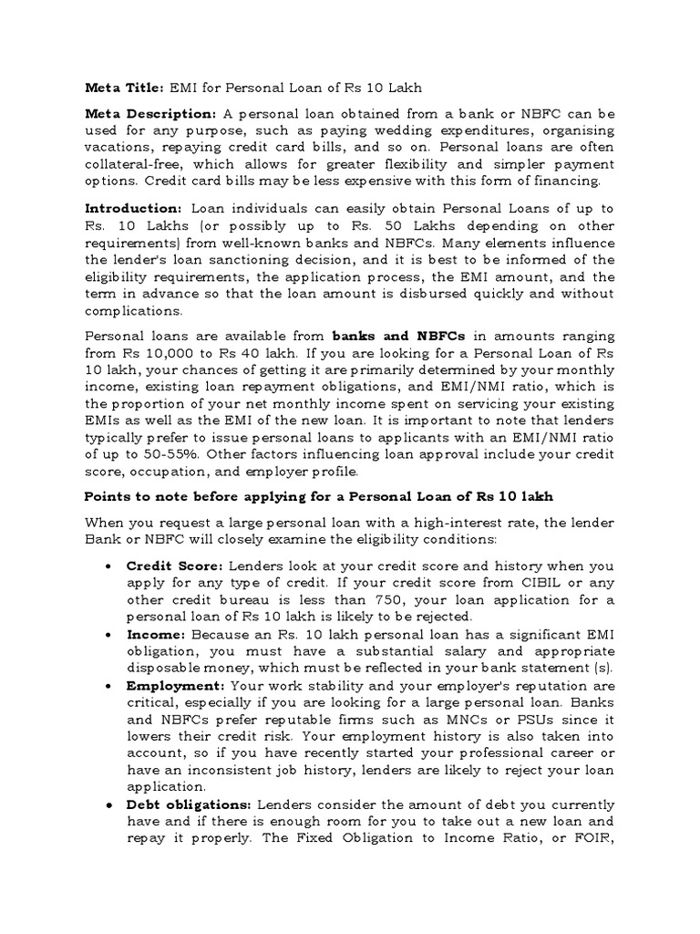 Meta Title: EMI For Personal Loan of Rs 10 Lakh Meta Description: A ...