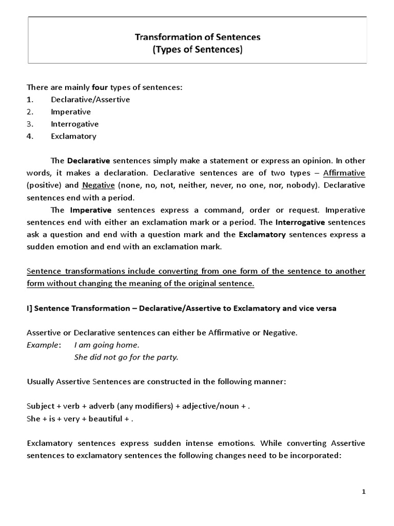 Transformation of Sentences | PDF | Sentence (Linguistics) | Adjective