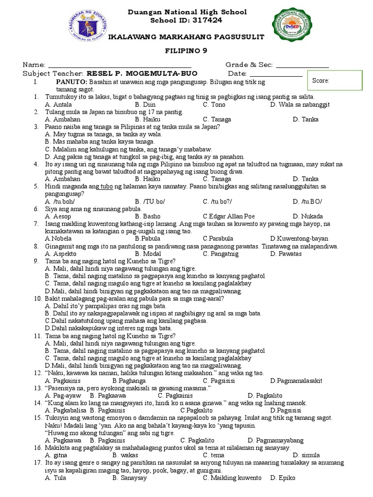 Filipino 9 Quarter 2 Exam | PDF