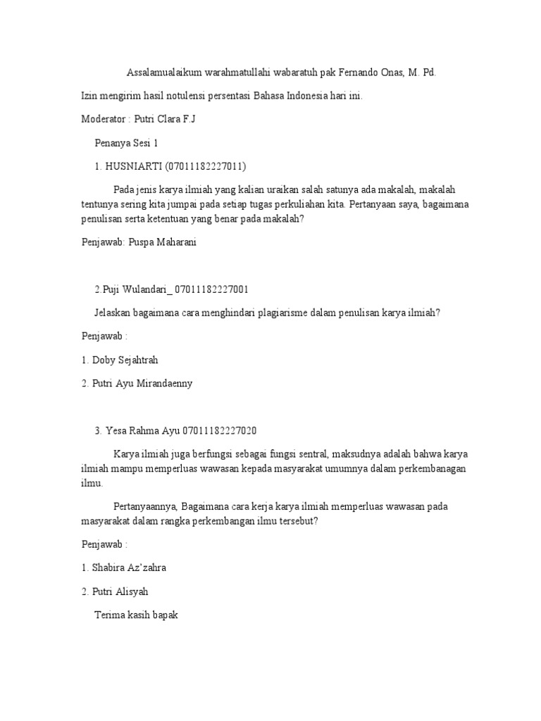 Notulen Presentasi BINDO Kel 7 | PDF