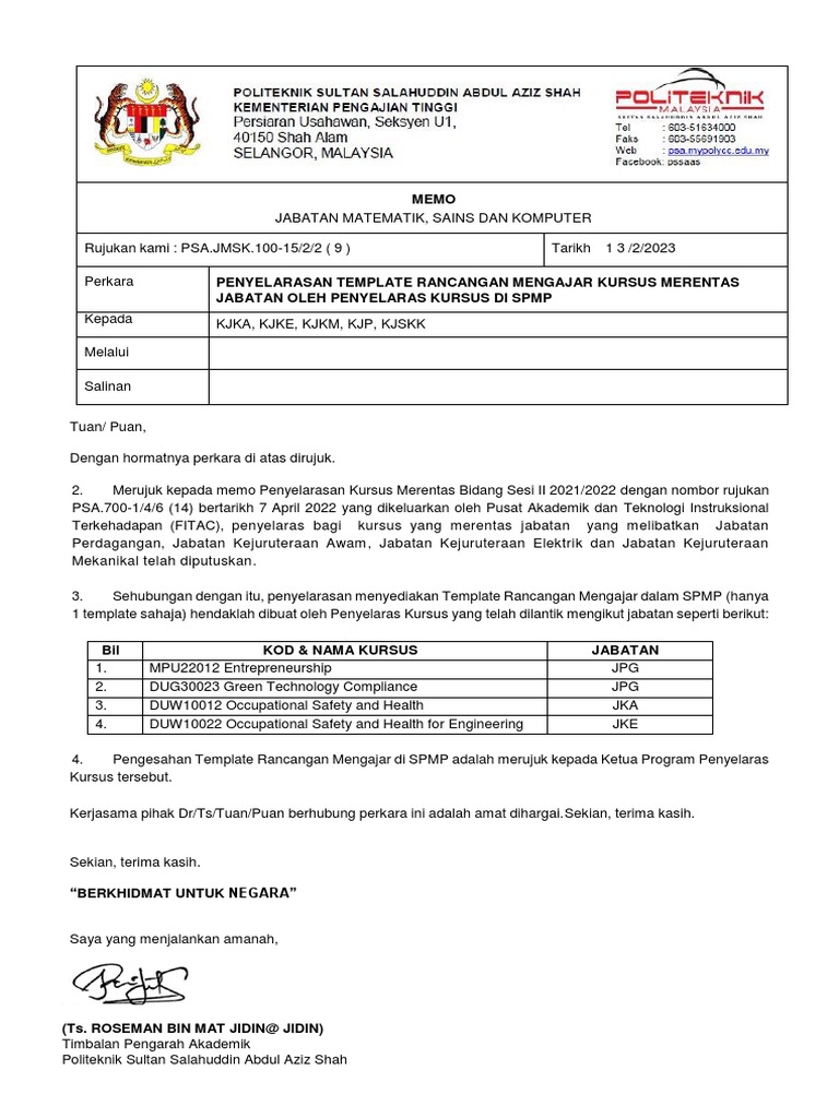 Memo Penyelarasan Template RM Di SPMP (1) (2023-1676338320831) | PDF