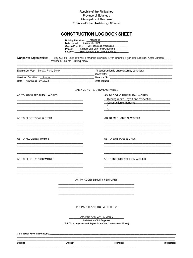 Construction Logbook Sheet San Jose (MARASIGAN POULTRY) | PDF ...