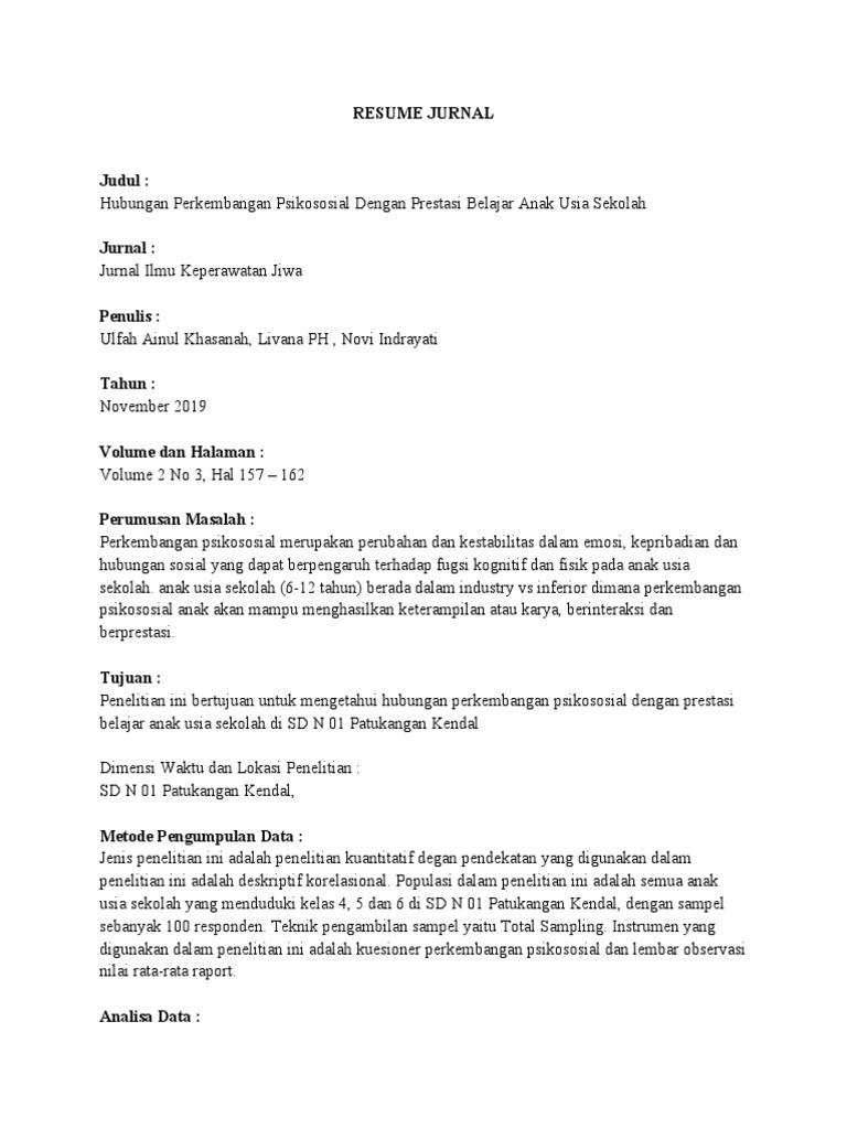 Resume Jurnal 1 Hubungan Perkembangan Psikososial Dengan Prestasi | PDF