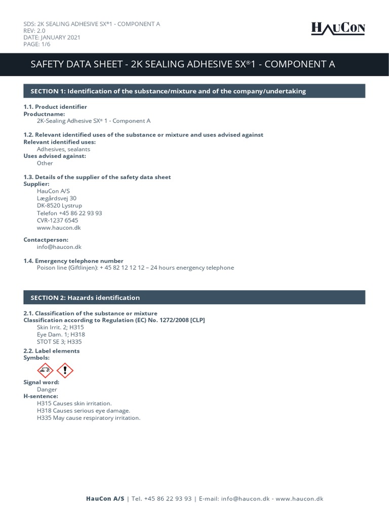 2K Sealing Adhesive SX1 Comp A 2.0 SDS - Eng | PDF | Waste | Toxicity