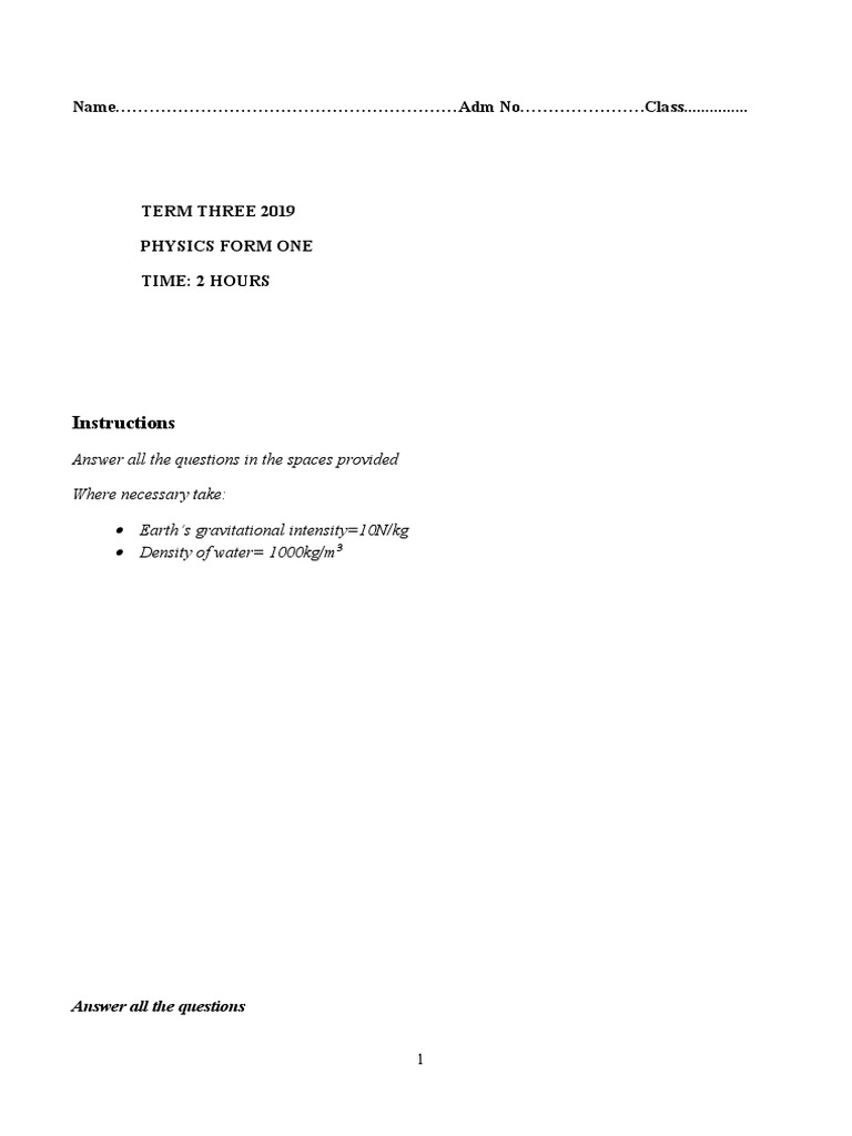 Physics F1 Term 3 Exam 2021 | PDF | Pressure | Density