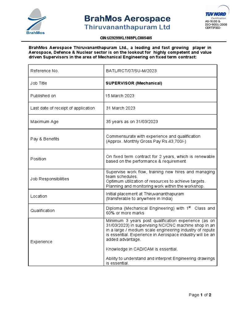 Notification Supervisor (Mechanical) | PDF | Engineering