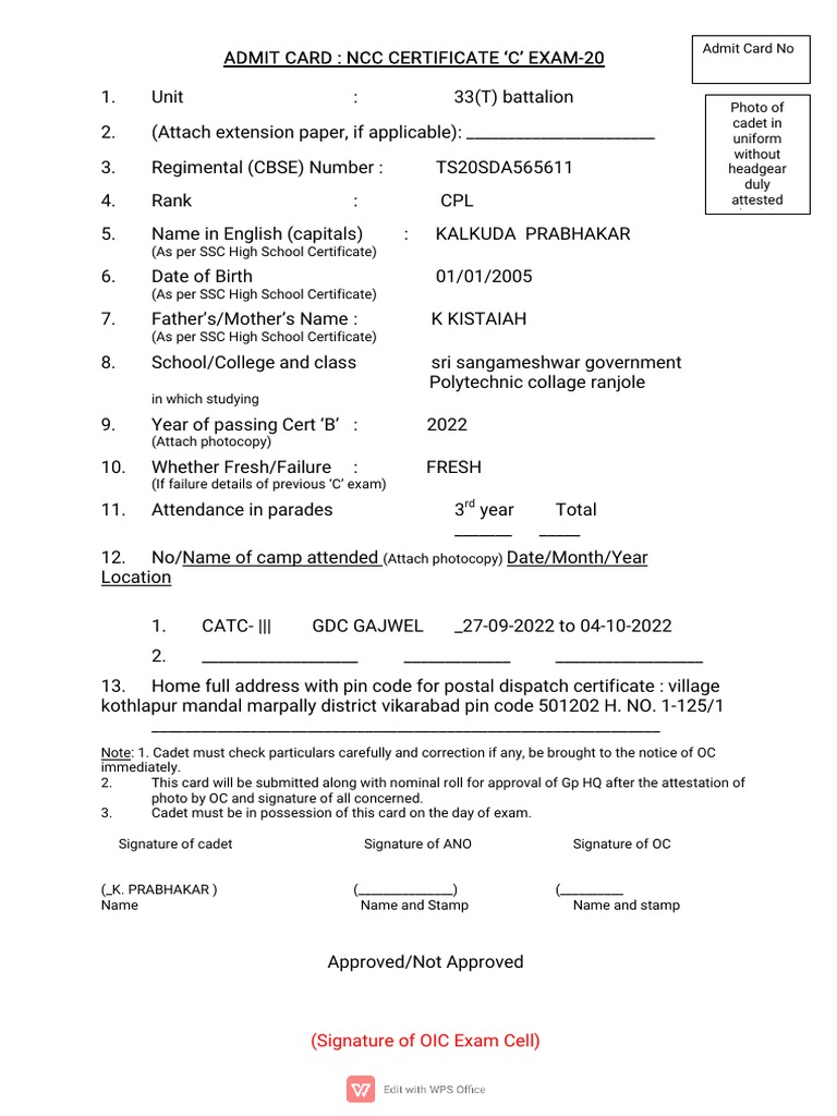 Admit Card Form-'C' Cert Exam | PDF
