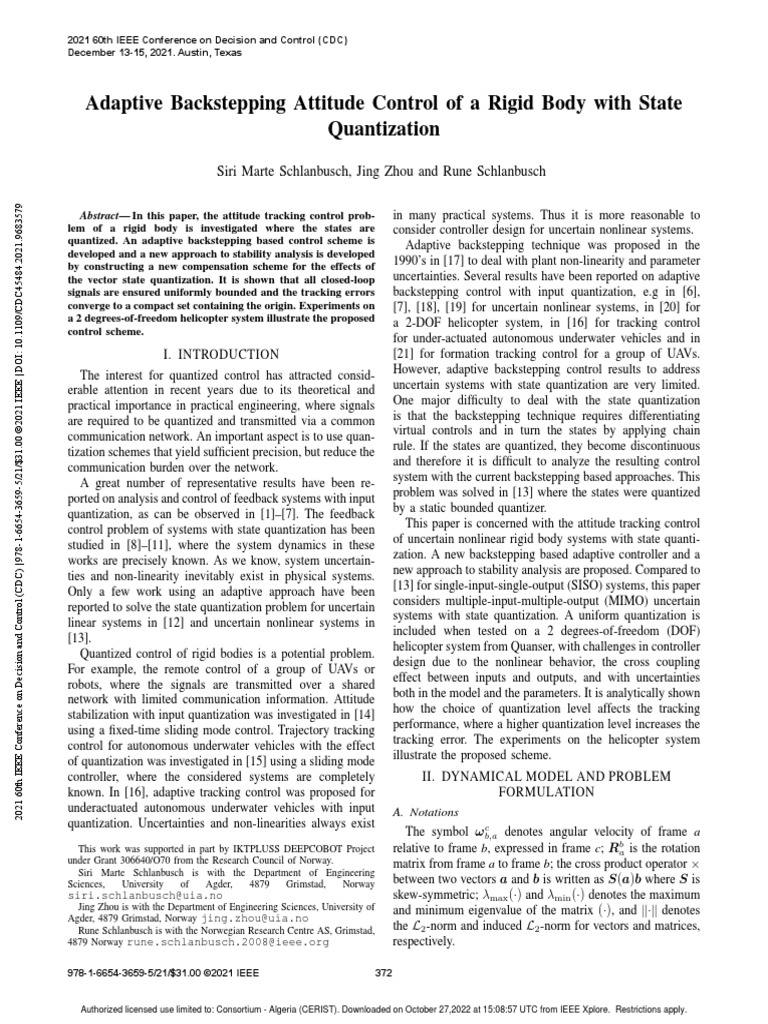Adaptive Backstepping Attitude Control of A Rigid Body With State ...