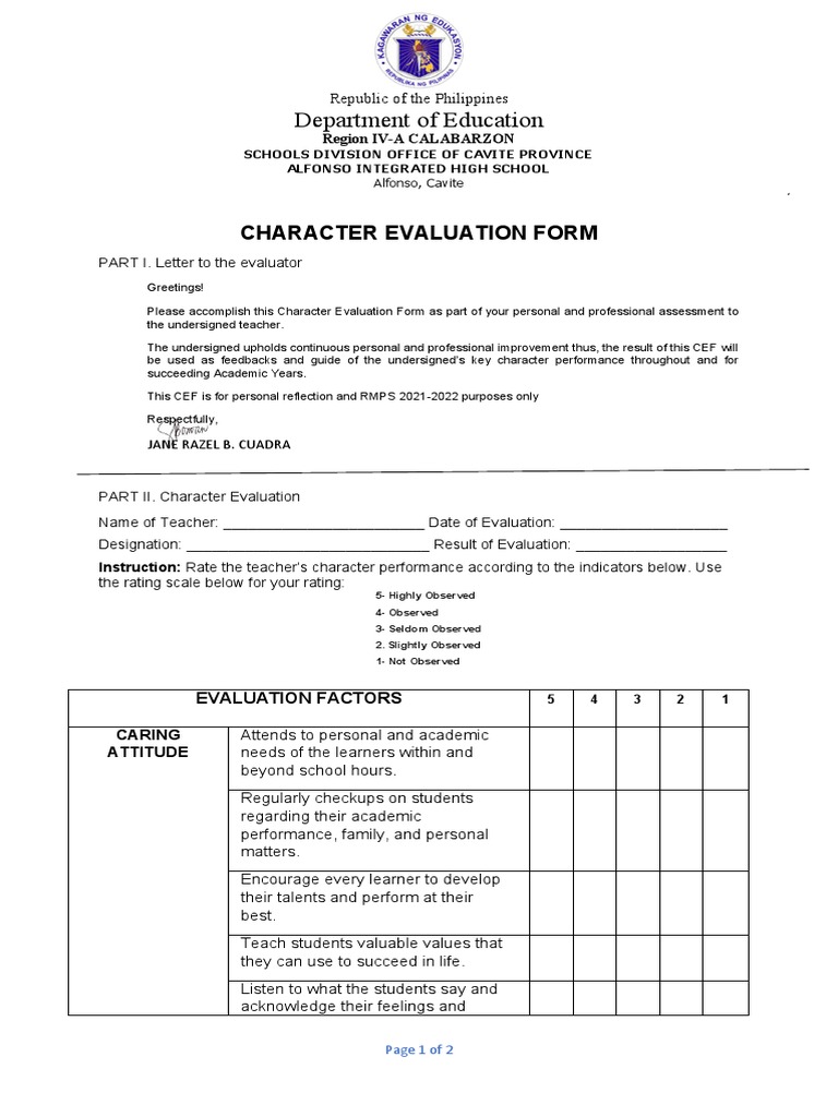 Character Evaluation Form | PDF | Teachers | Psychological Concepts