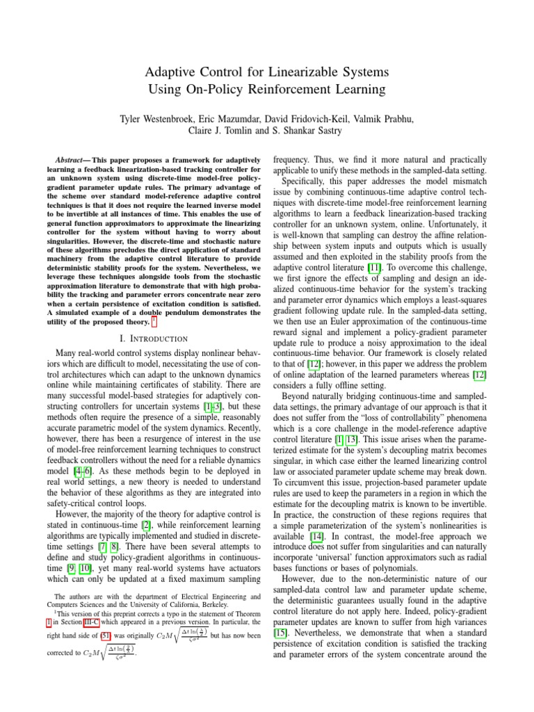 Adaptive Learning Feedback Linearization Pdf Control Theory