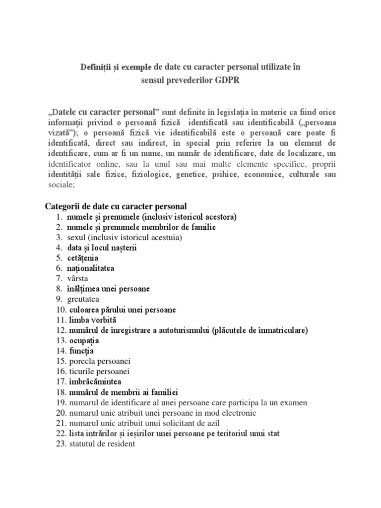 Definitii Si Exemple de Date Cu Caracter Personal | PDF