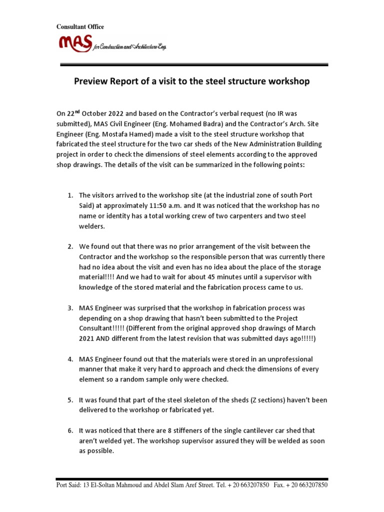 Preview Report of A Visit To The Steel Structure Workshop | PDF | Civil ...