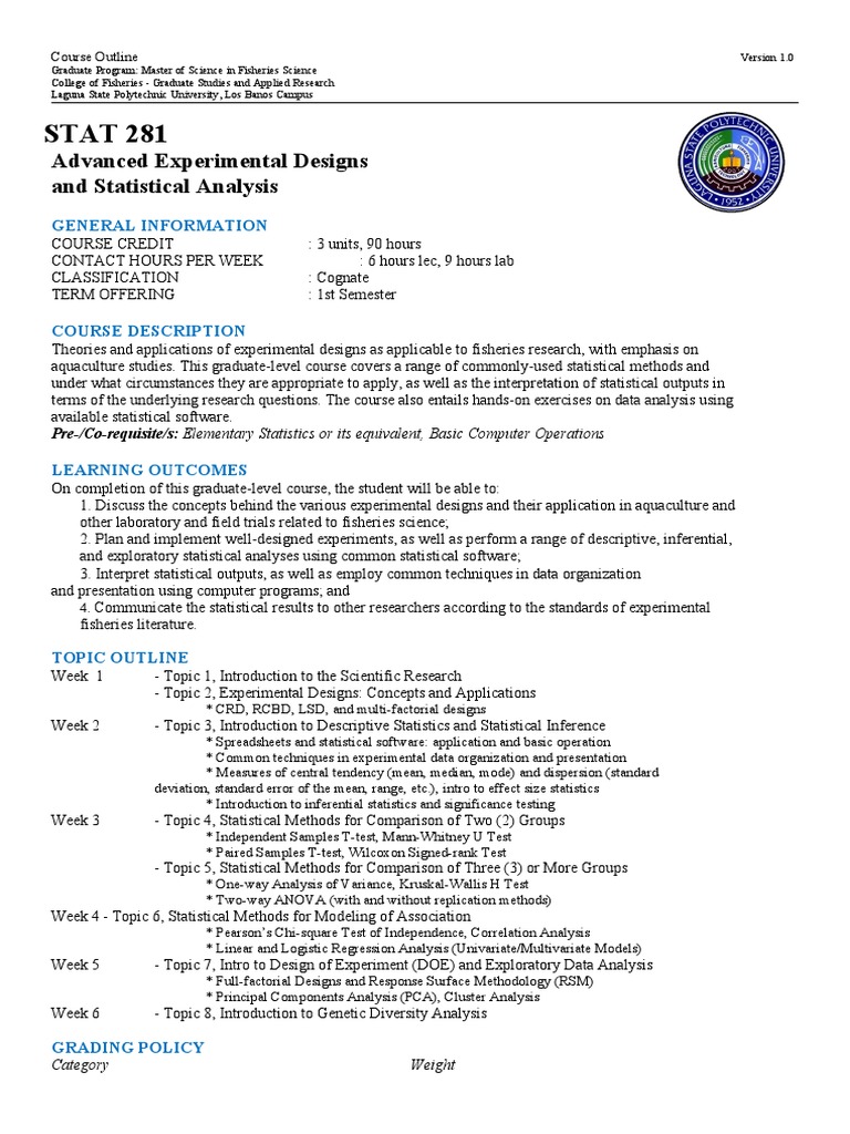 STAT 281: Advanced Experimental Designs and Statistical Analysis | PDF ...