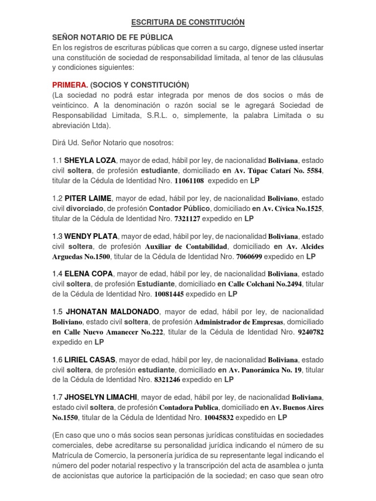 Escritura de Constitución | PDF | Sociedad de responsabilidad limitada | Justicia