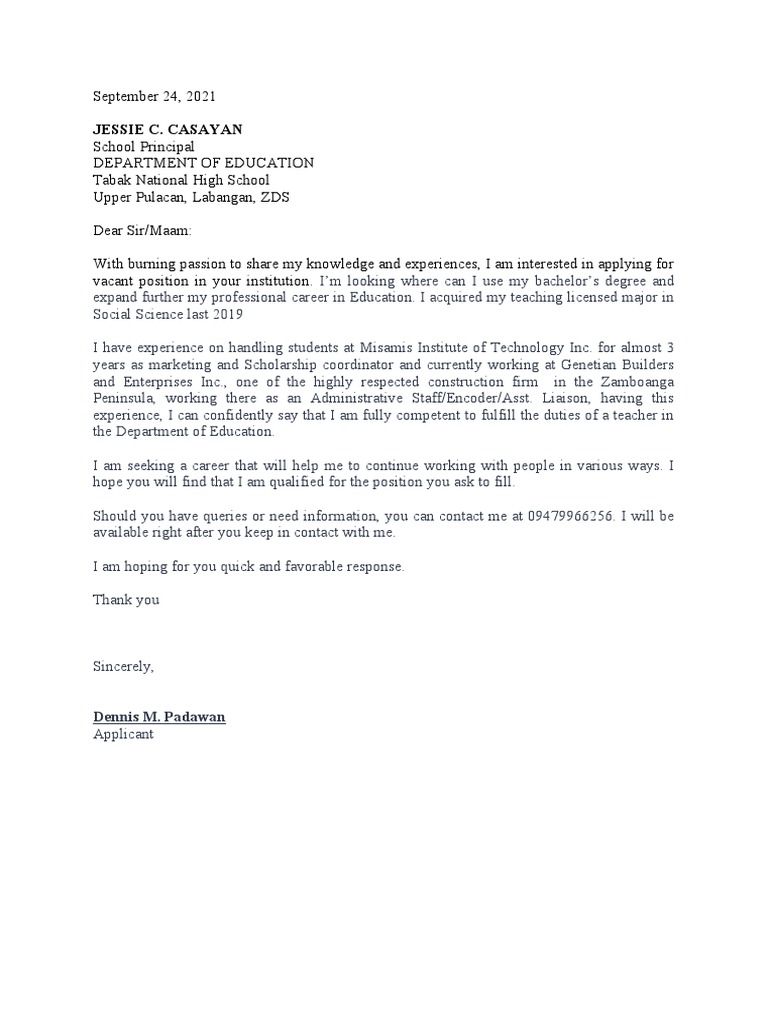 Application for a Teaching Position: Letter Introducing Qualifications ...