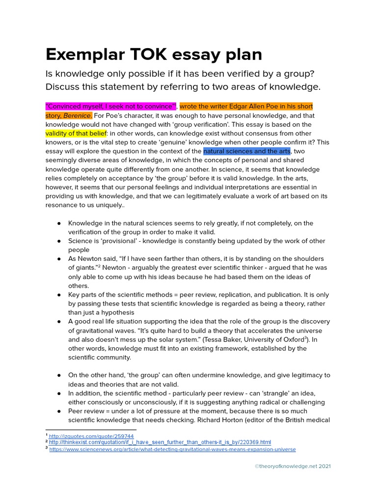 3.4 Writing The TOK Essay Plan (Student Exemplar) | PDF | Knowledge | Science