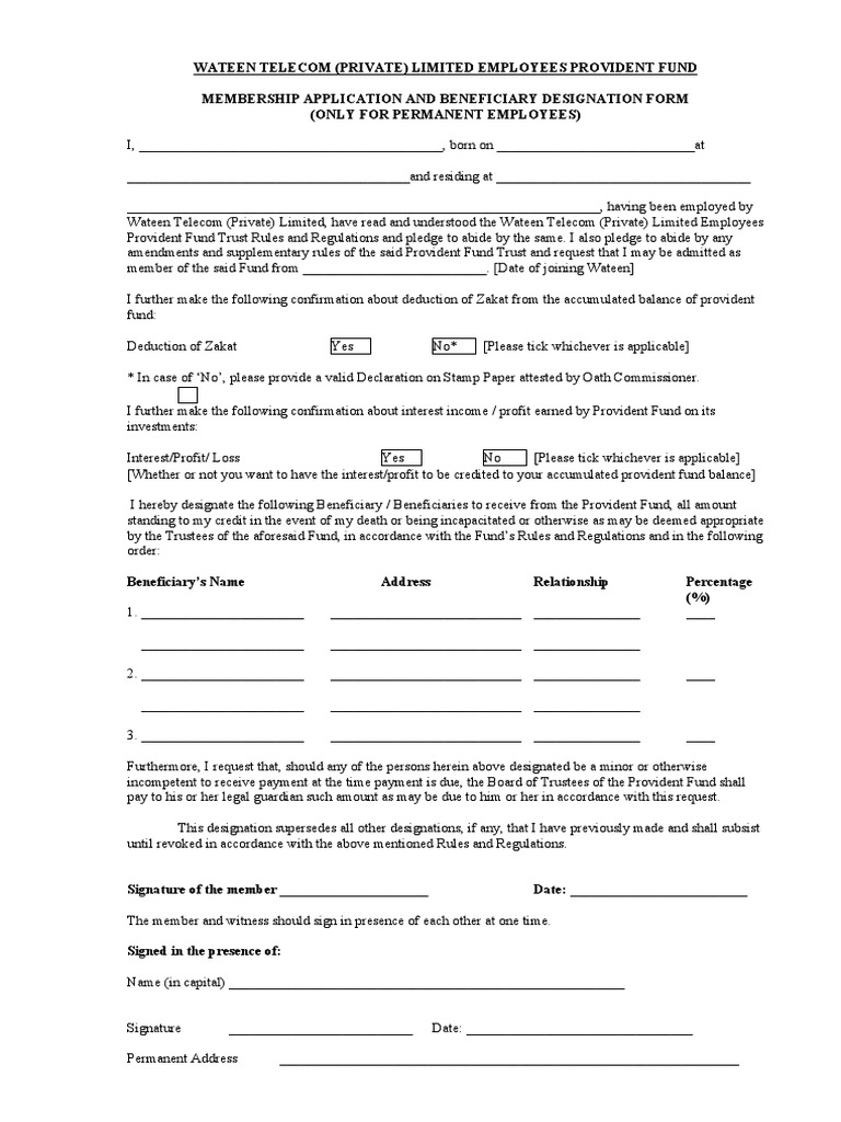 Wateen Telecom Employee Provident Fund Form | PDF | Tax Deduction ...