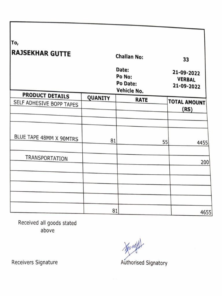 BOPP Tape Purchase Receipt | PDF