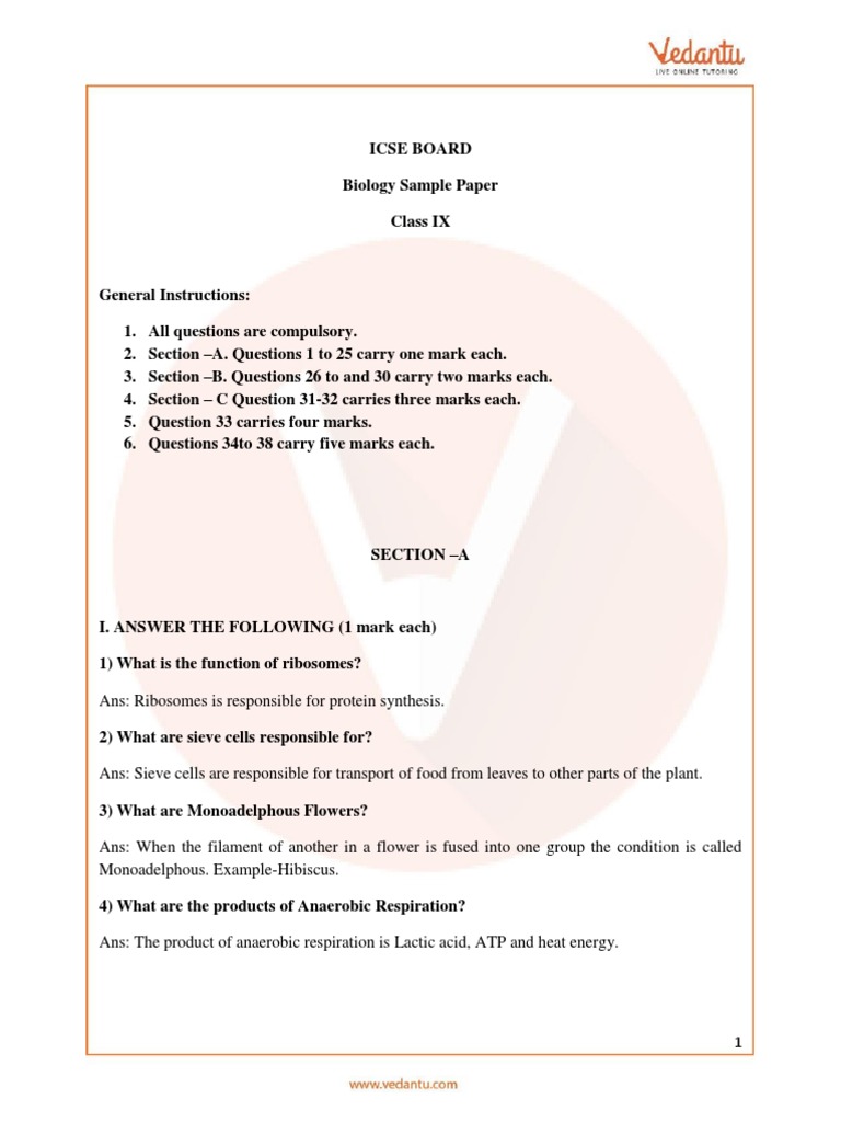 ICSE Sample Papers For Class 9 BIOLOGY | PDF | Cell (Biology ...
