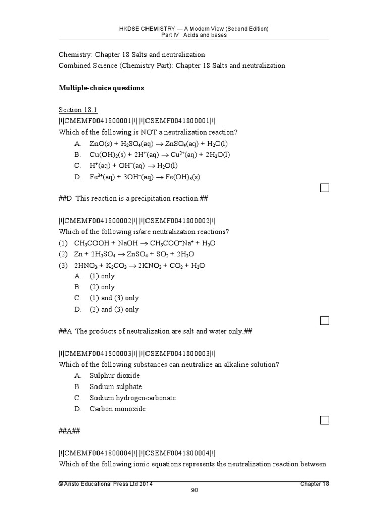 Chapter 18 Multiple-Choice Questions | PDF | Precipitation (Chemistry ...
