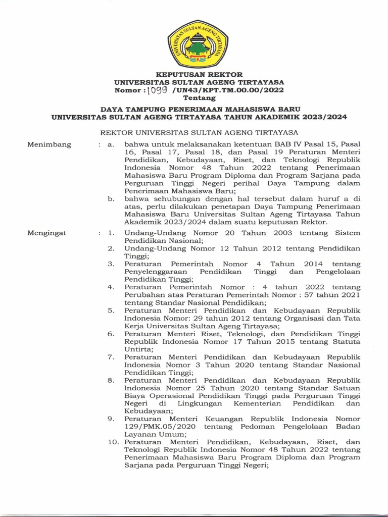 SK Daya Tampung Penerimaan Mahasiswa Baru Ta 2023 2024 1 | PDF