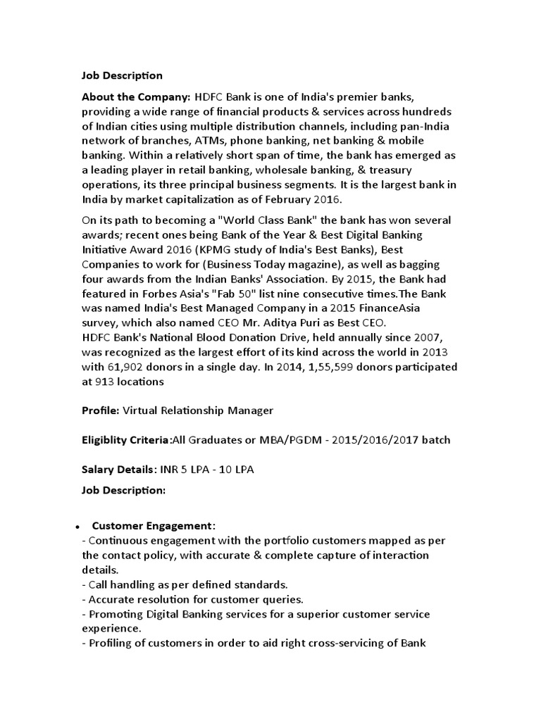 Job Description For VRM - HDFC | PDF | Banks | Money