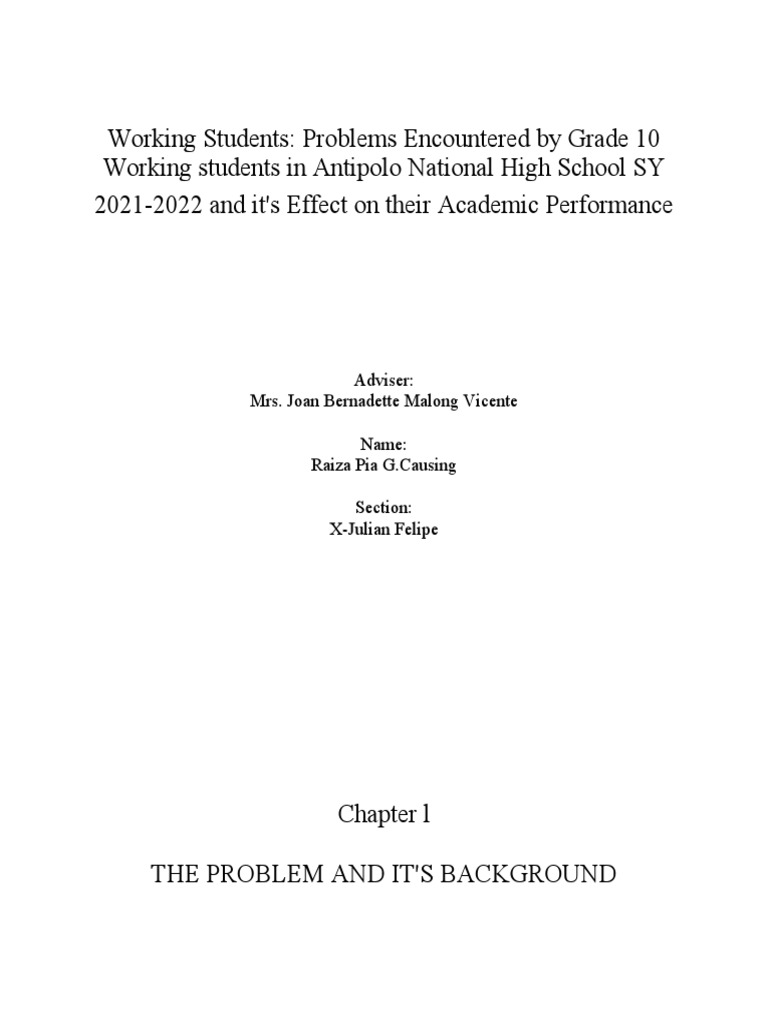 Problems Encountered by Grade 10 Working Students in Antipolo National ... Problems Encountered by Grade 10 Working Students in Antipolo National ...