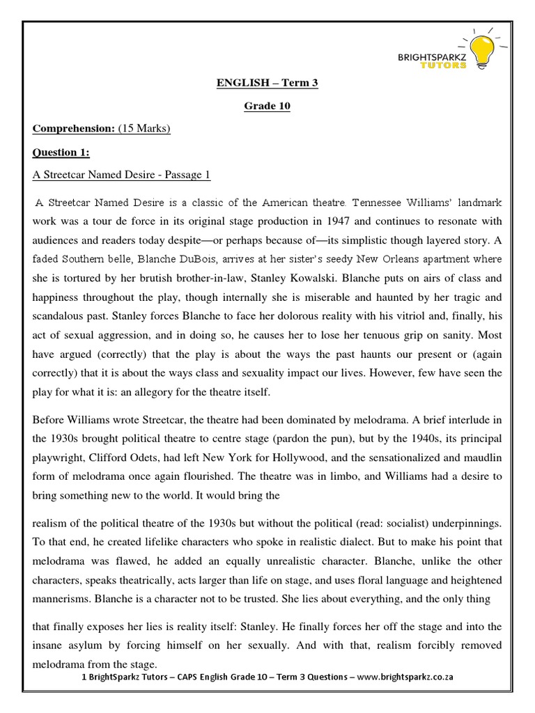 CAPS English Grade 10 Term 3 Questions | PDF | Marlon Brando