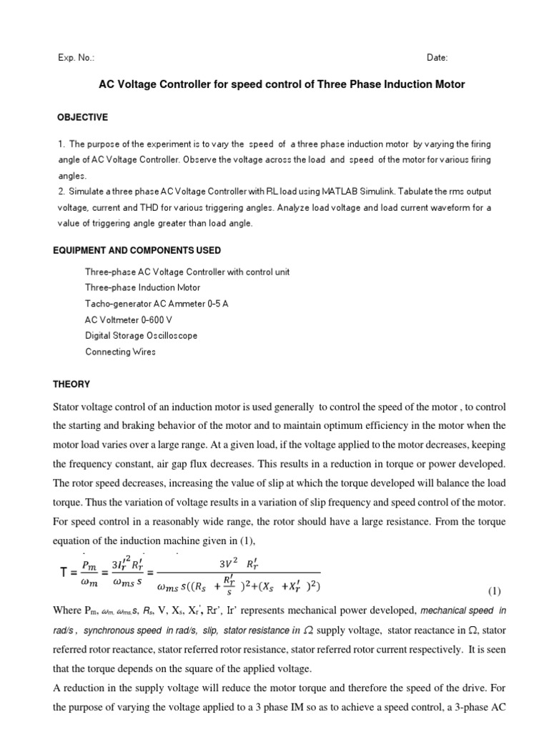 Ac Voltage Controller For Speed Control Of Three Phase Induction Motor Pdf Electric Motor