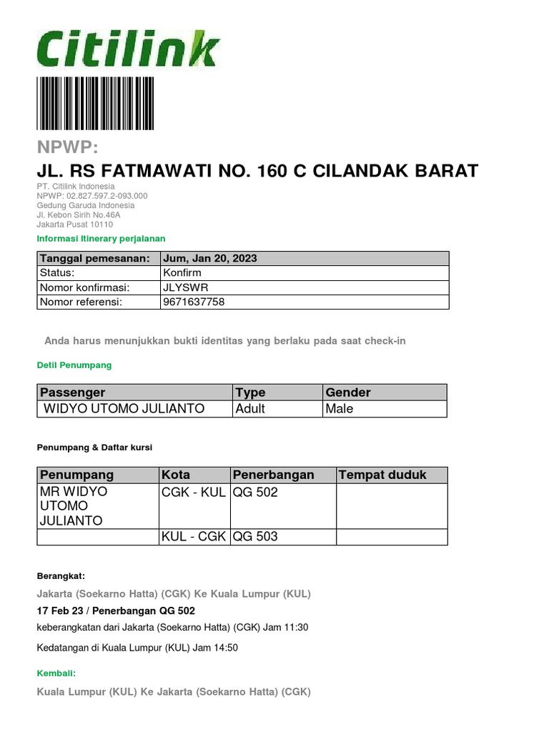 Jlyswr - MR Widyo Utomo Julianto Cgk-Kul-Cgk 17-19feb Citilink PDF | PDF | Bisnis