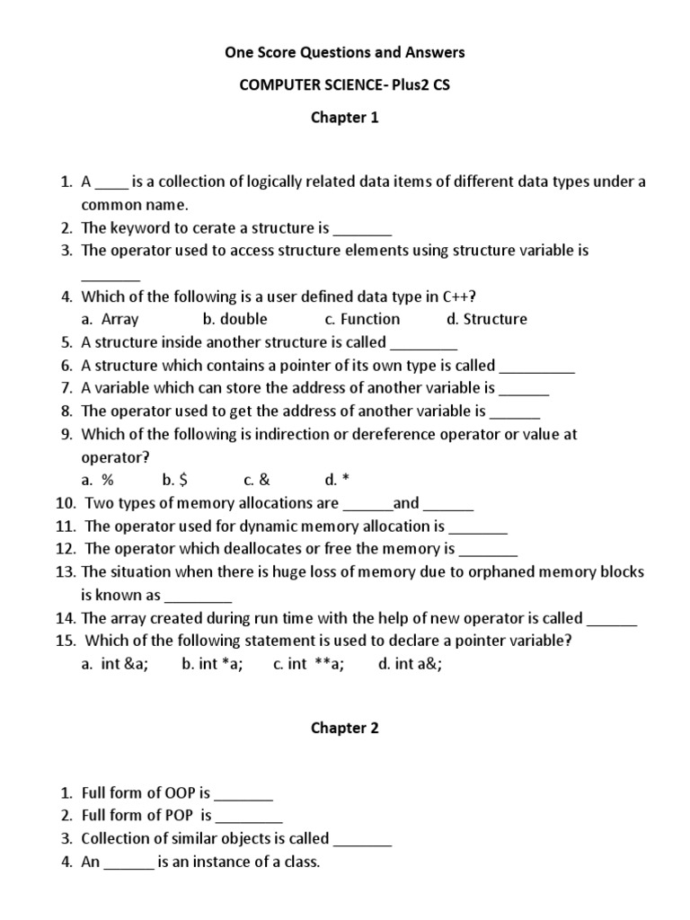 One Score Questions and Answers - CS - Plus2 - New | PDF | Class (Computer Programming ...