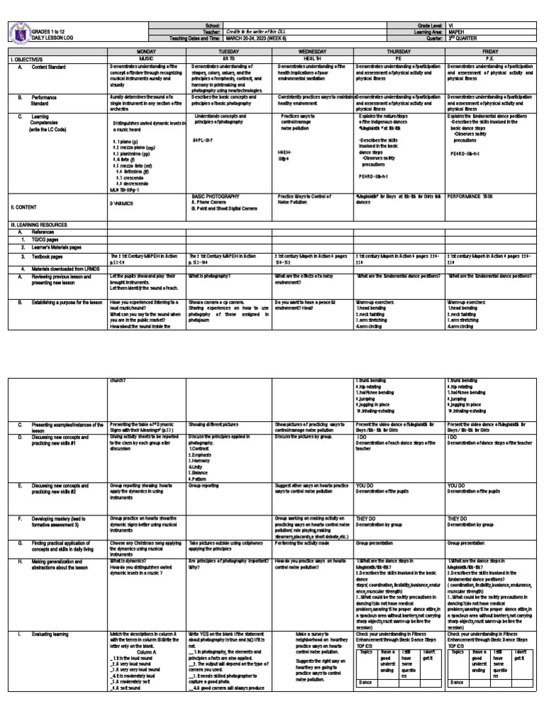 DLL - Mapeh 6 - Q3 - W6 | PDF | Physical Education | Dances