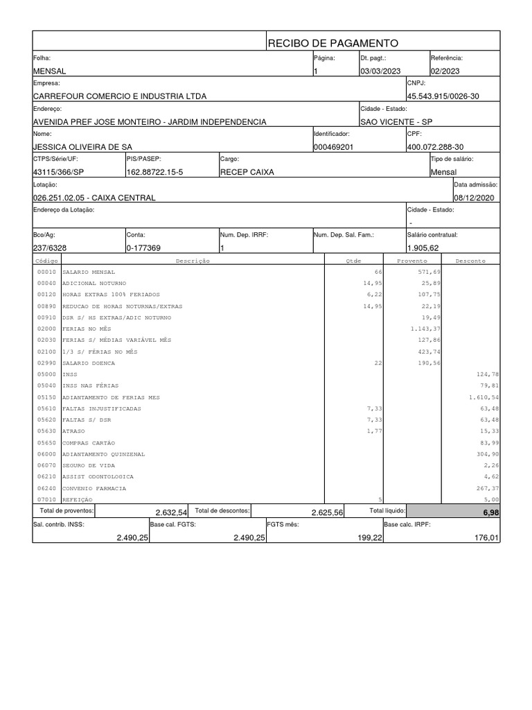 Recibo_de_Pagamento_Mensal_2023-02 (2) | PDF | Férias trabalhistas | Afastamento