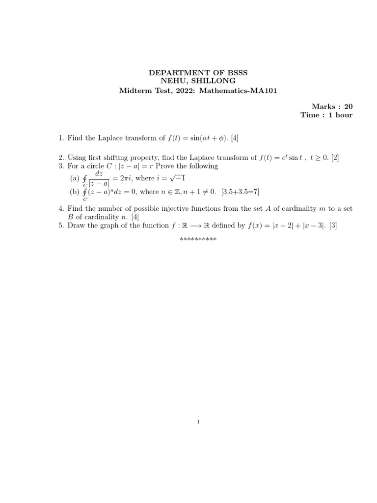 Midterm Mathematics Test MA101 2022 | PDF | Teaching Methods & Materials