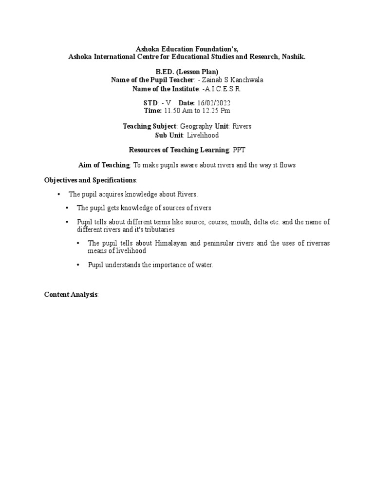 Rivers Livelihood Lesson Plan | PDF | Teachers | River