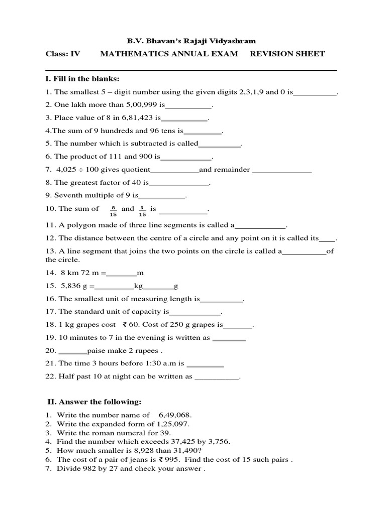 Class 4 Annual Exam Revision Sheet 2022-2023 | PDF | Mathematics
