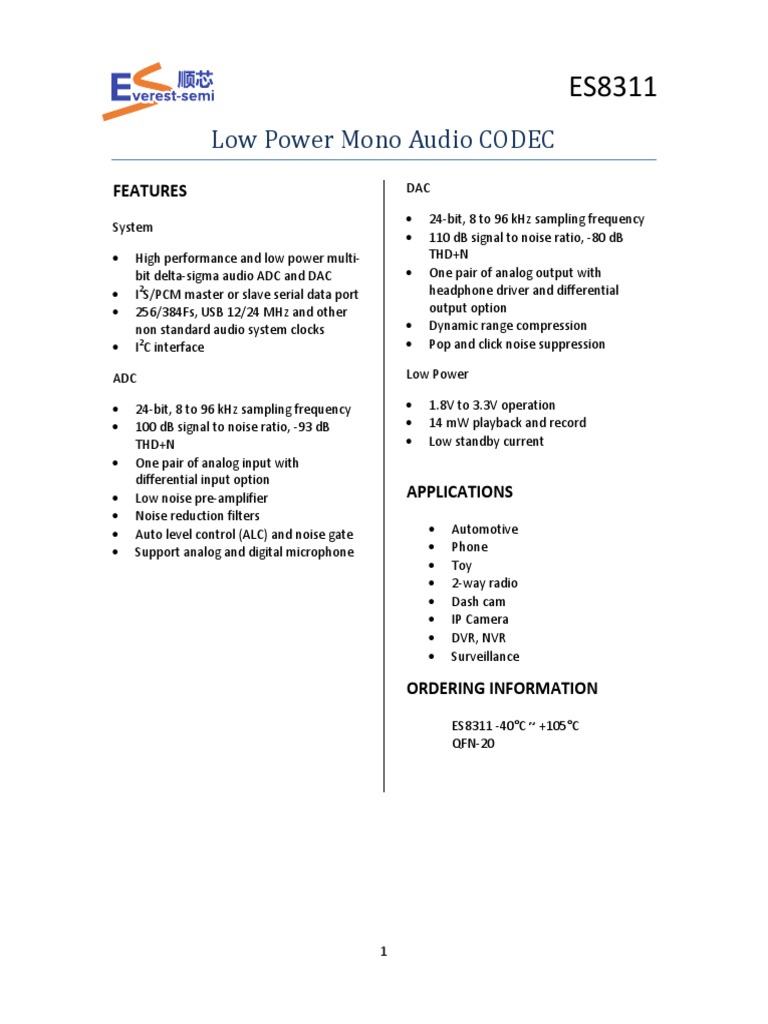 Low Power Mono Audio CODEC ES8311: Detailed Technical Specifications and Register Definition ...