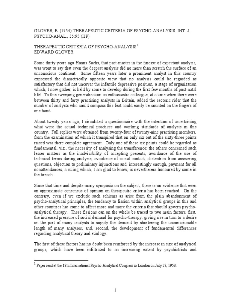 Therapeutic Criteria of Psycho-Analisis (1954) | PDF | Psychoanalysis ...