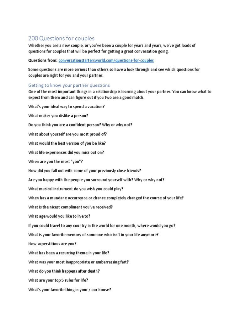 200 Engaging Questions for Couples | PDF | Luck | Psychology