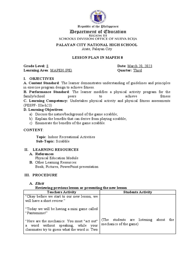 Grade 8 PE Lesson Plan: Scrabble | PDF | Teachers | Learning