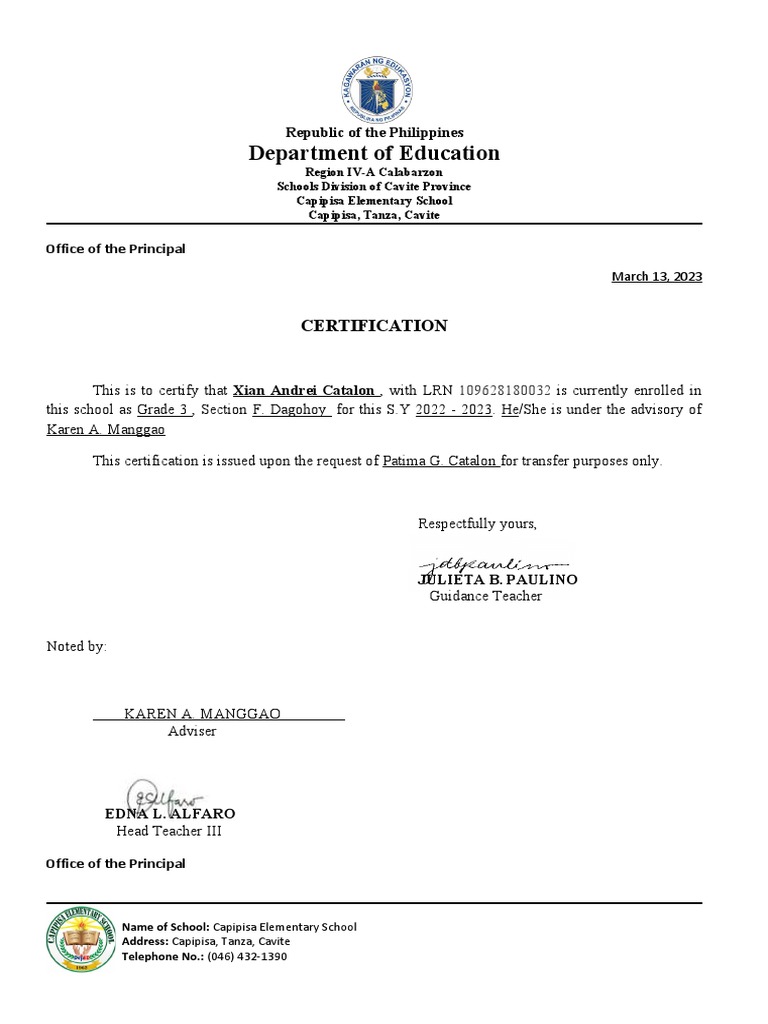 Certificate of Good Moral and Enrolment | PDF