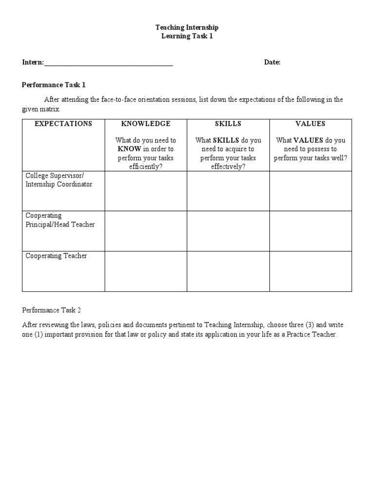 Teaching Internship Expectations Matrix | PDF