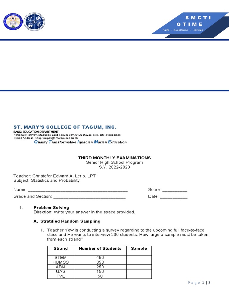 StatProb Monthly Exam 2022 2023 | PDF | Sampling (Statistics) | Mean