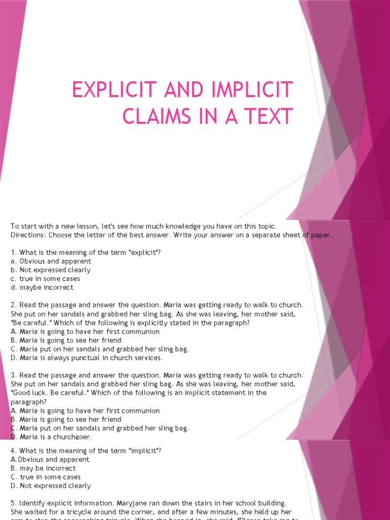 Explicit and Implicit Claims in A Text M4 | PDF