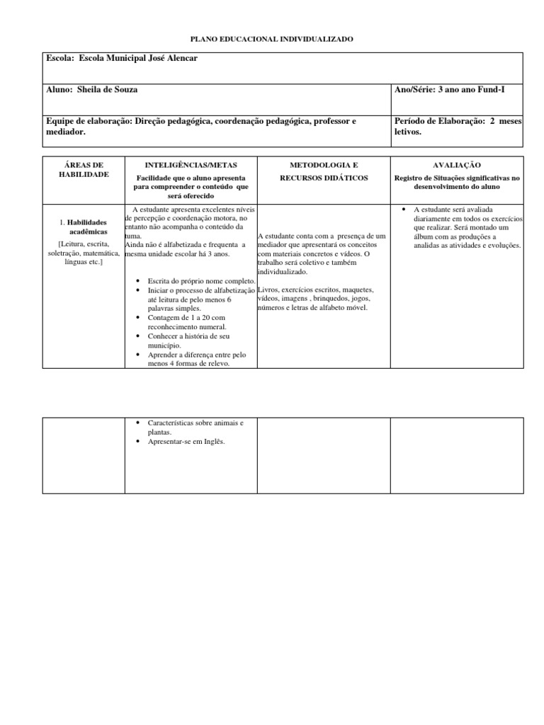 Modelo de PEI - Plano Educacional Individualizado | PDF | Alfabetização ...