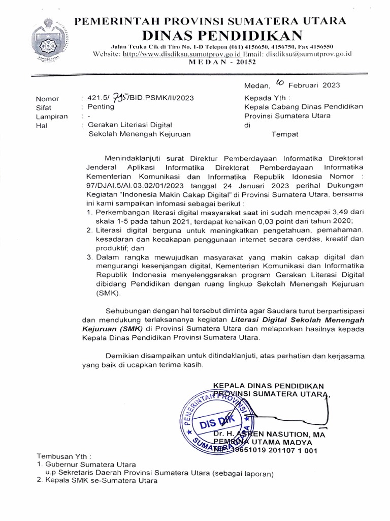 Surat Gerakan Literasi Digital SMK Disdik Sumatera Utara Rev1 | PDF