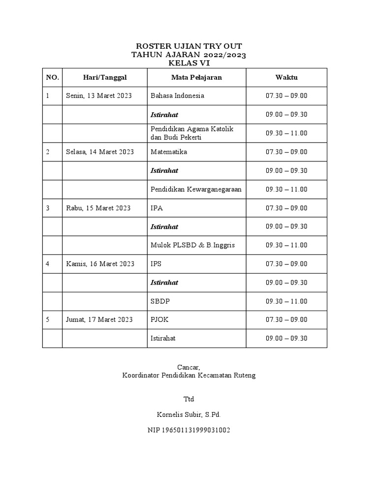 Roster Ujian Try Out KLS Vi Benar | PDF