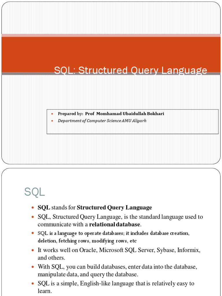 SQL: Structured Query Language: Prepared By: Prof Momhamad Ubaidullah Bokhari | PDF | Sql ...