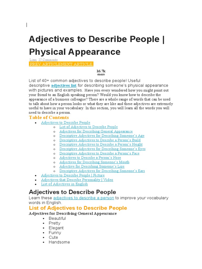 List of Adjectives Appearance | PDF | Language Arts & Discipline